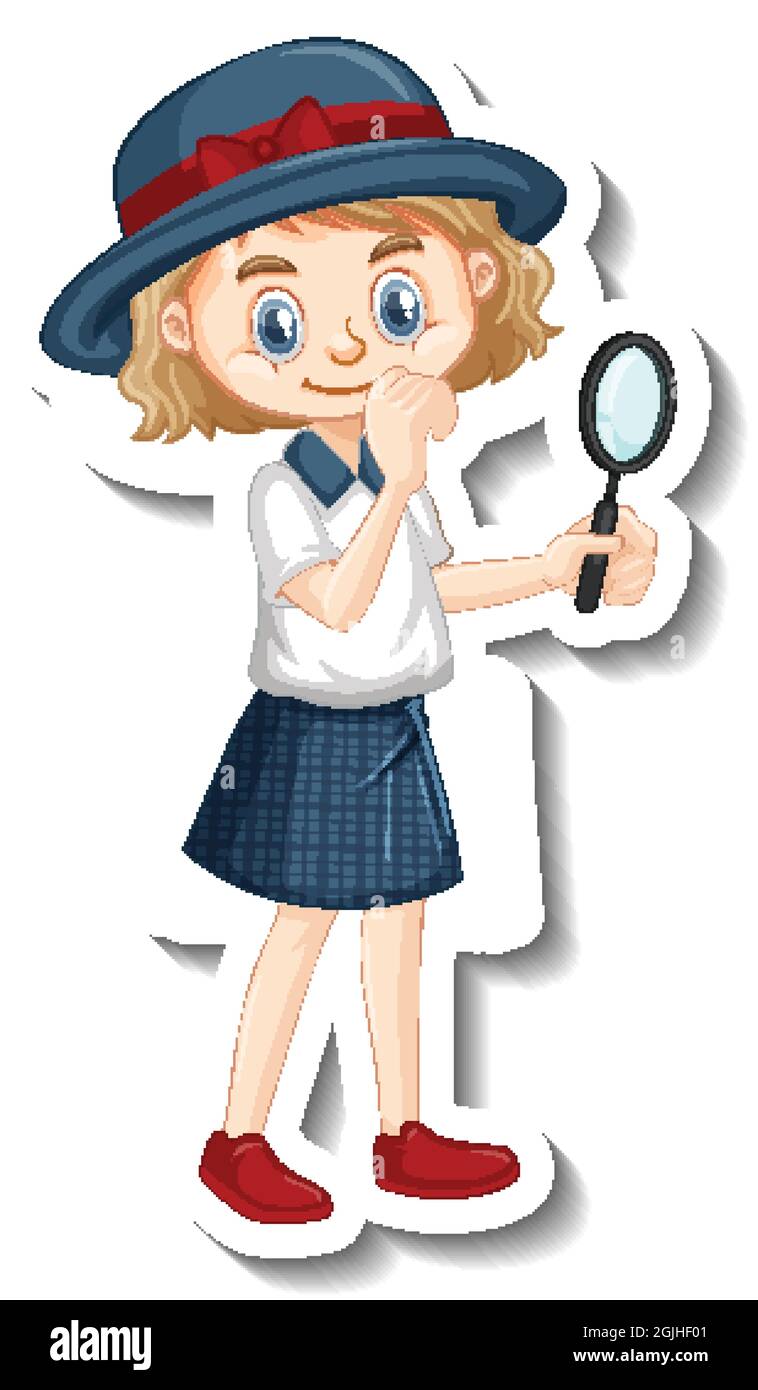 A girl holding magnifying glass cartoon character sticker illustration ...