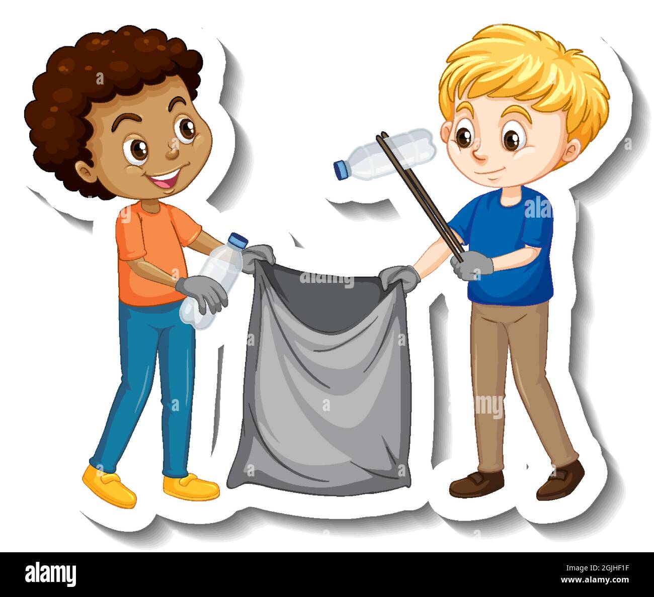 Two boys picking litters cartoon character sticker illustration Stock ...