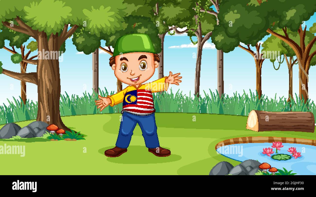 Malaysian muslim kids wears traditional clothes in the forest scene ...