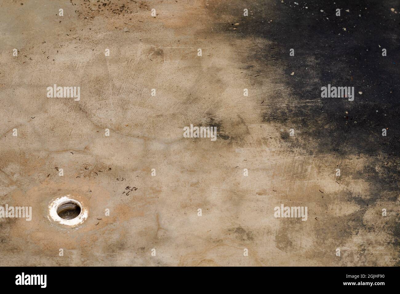 Drainage hole of the pool. Dirty concrete bottom of a public poo Stock ...