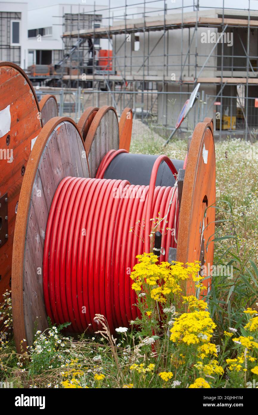 Huge spools with cables for the construction industry to connect new ...