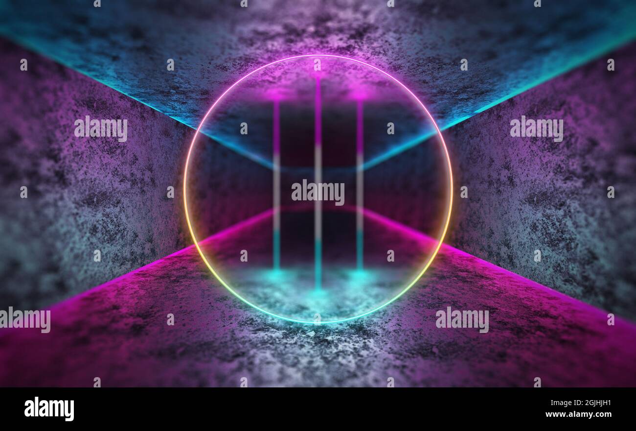 Neon lamps in concrete room. Retro background Stock Photo - Alamy