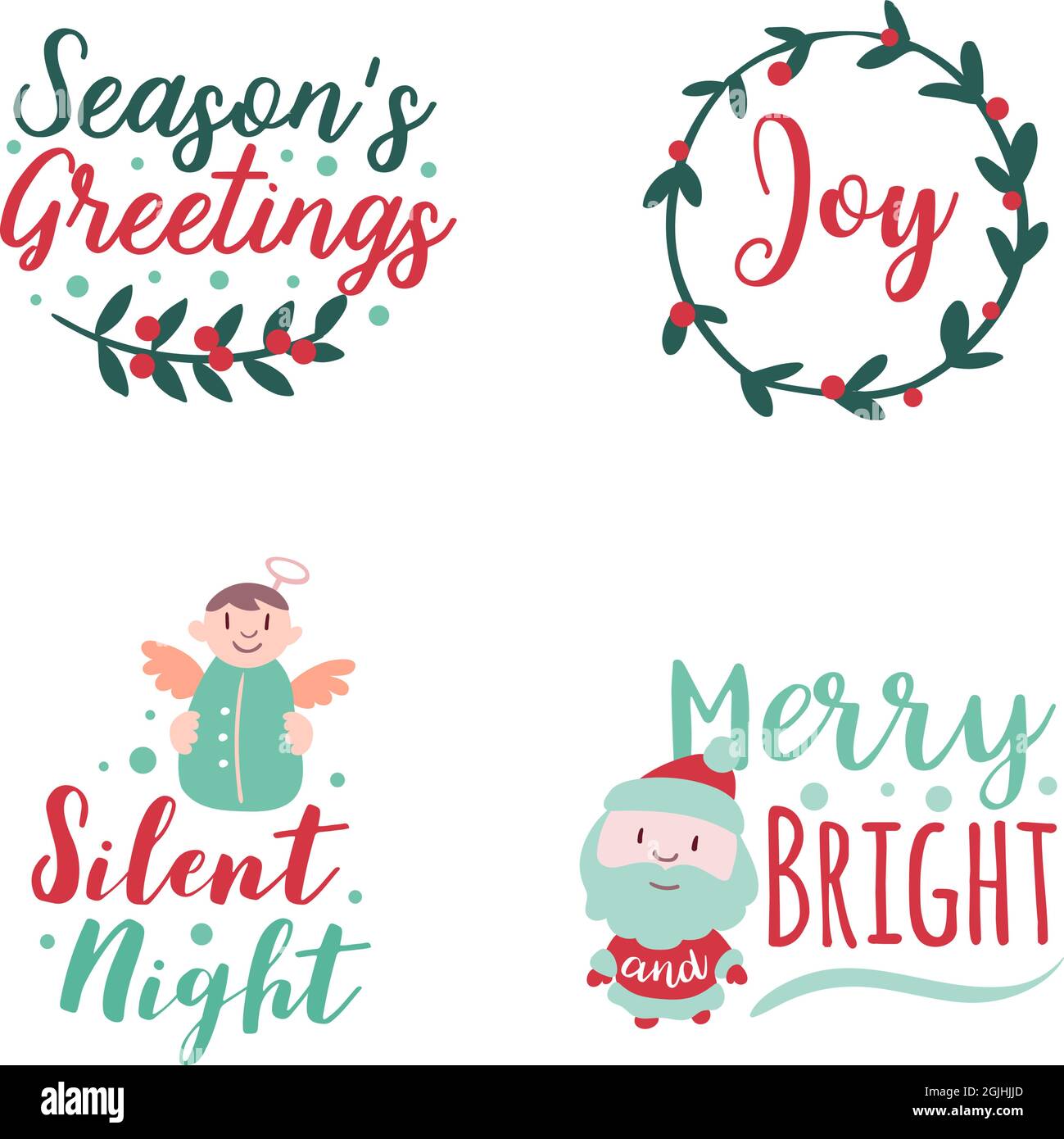 Set of four Christmas logotype or insignia. Cute cartoon Christmas tree ...