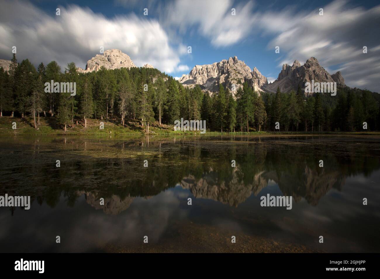 Lake Antorno with reflections of Cadini di Misurina massif Stock Photo ...