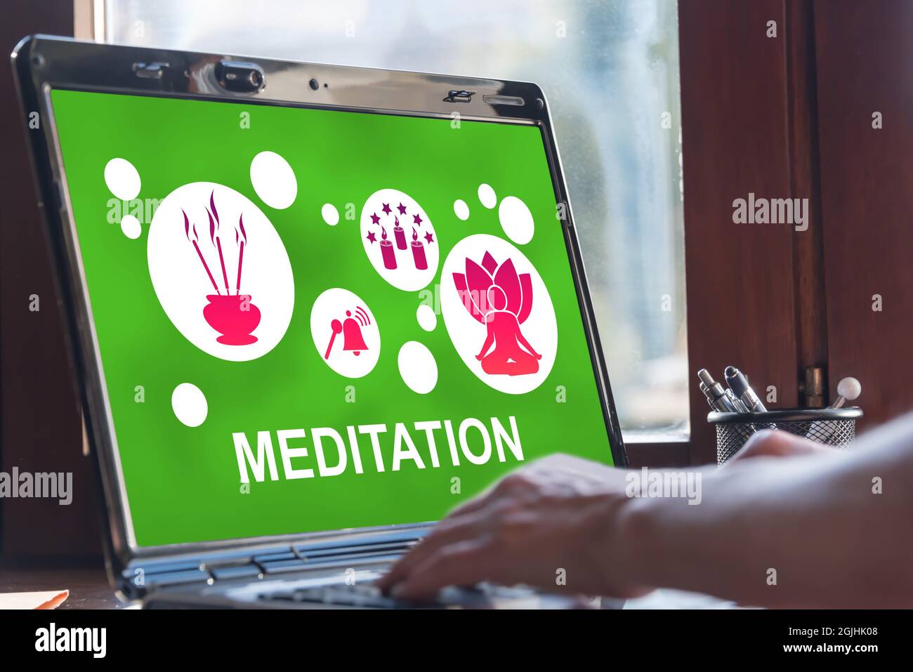 Laptop screen displaying a meditation concept Stock Photo - Alamy
