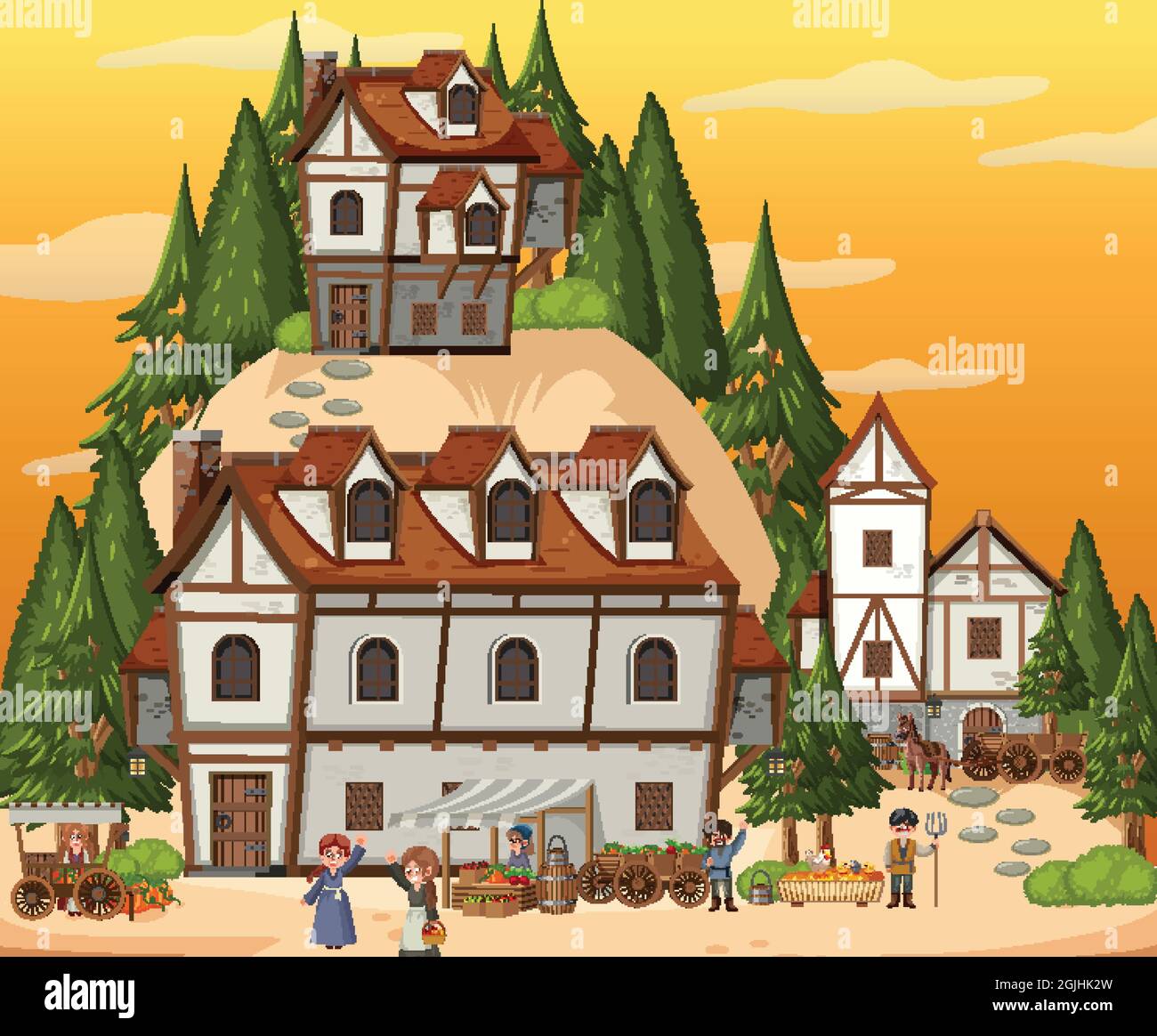 Medieval village scene with villagers illustration Stock Vector Image ...