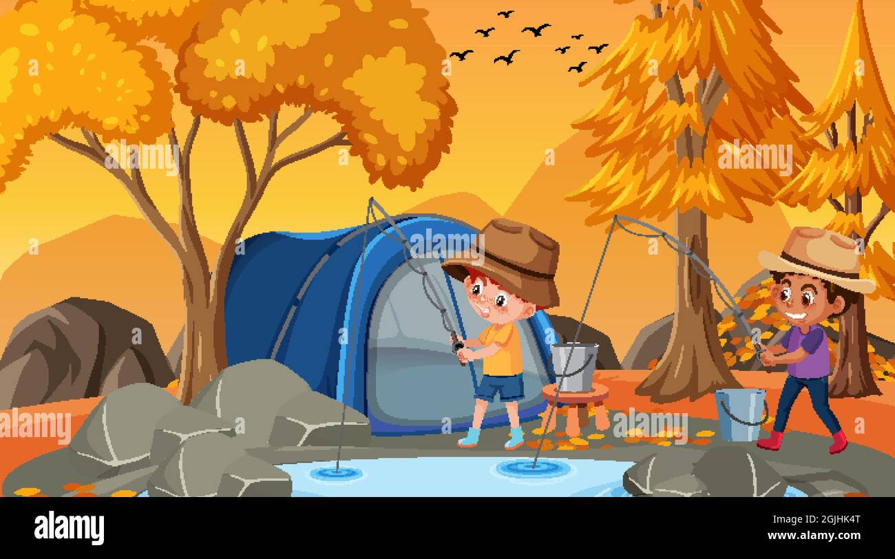 Autumn forest scene with two kids fishing in the pond illustration ...