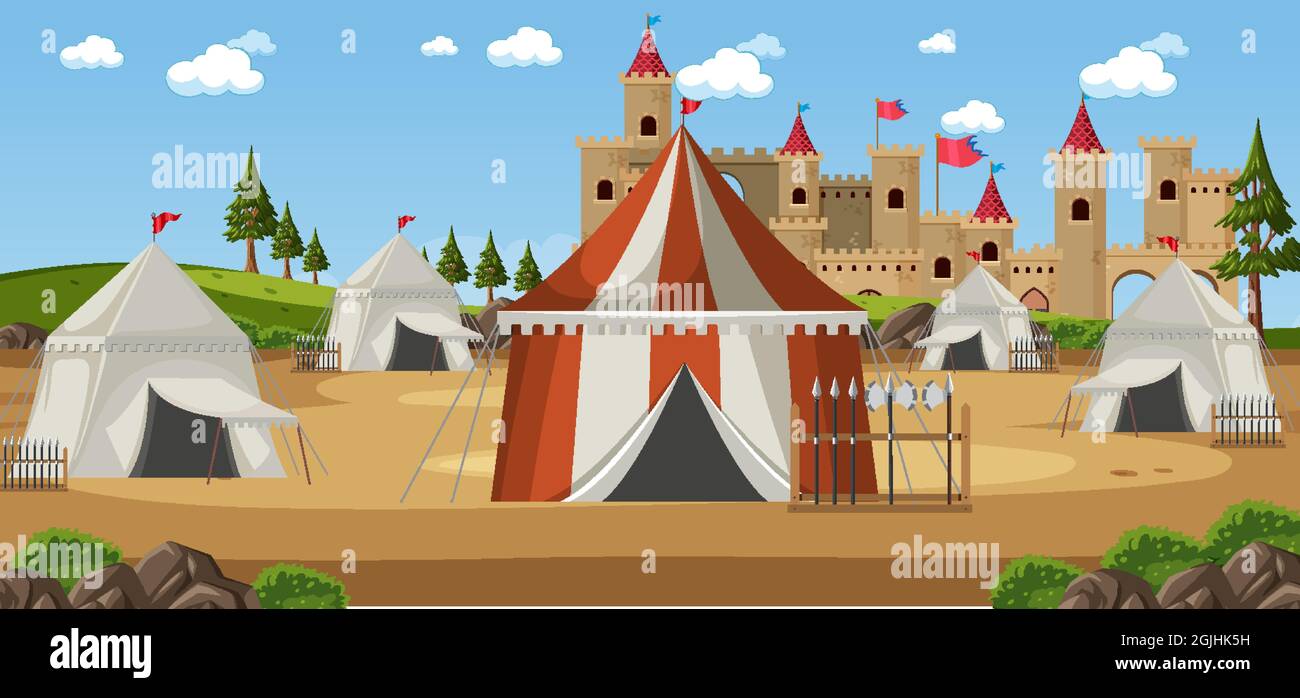 Military medieval camp with tents and weapons illustration Stock Vector ...