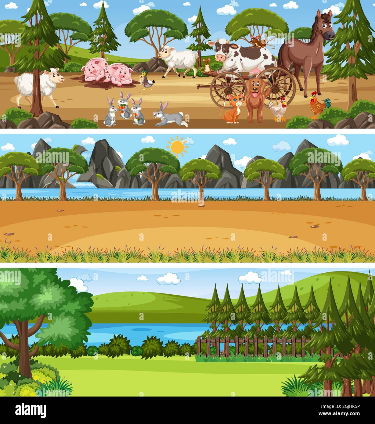 Different panoramic nature landscape set with cartoon character ...