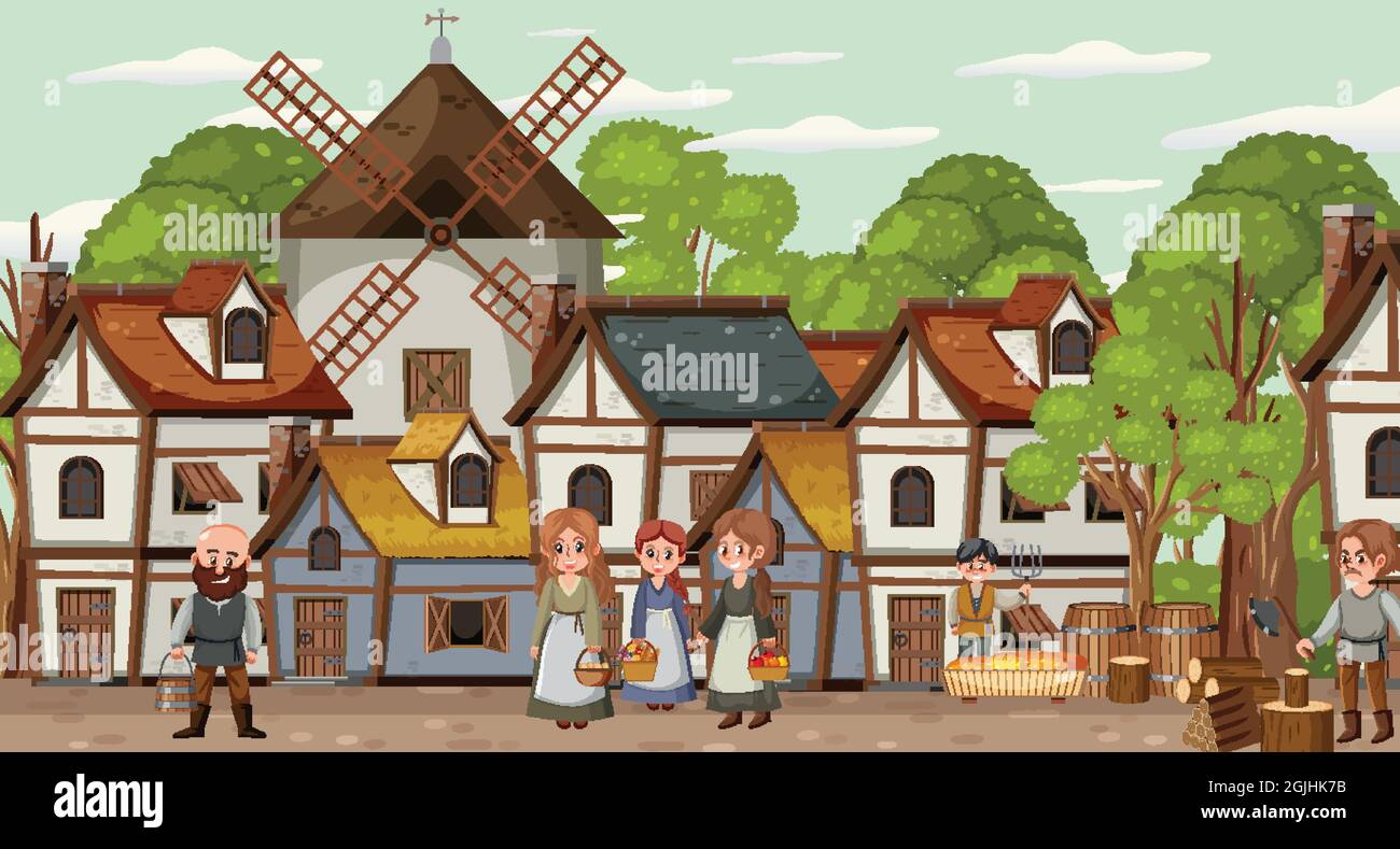 Medieval town scene with villagers illustration Stock Vector Image ...