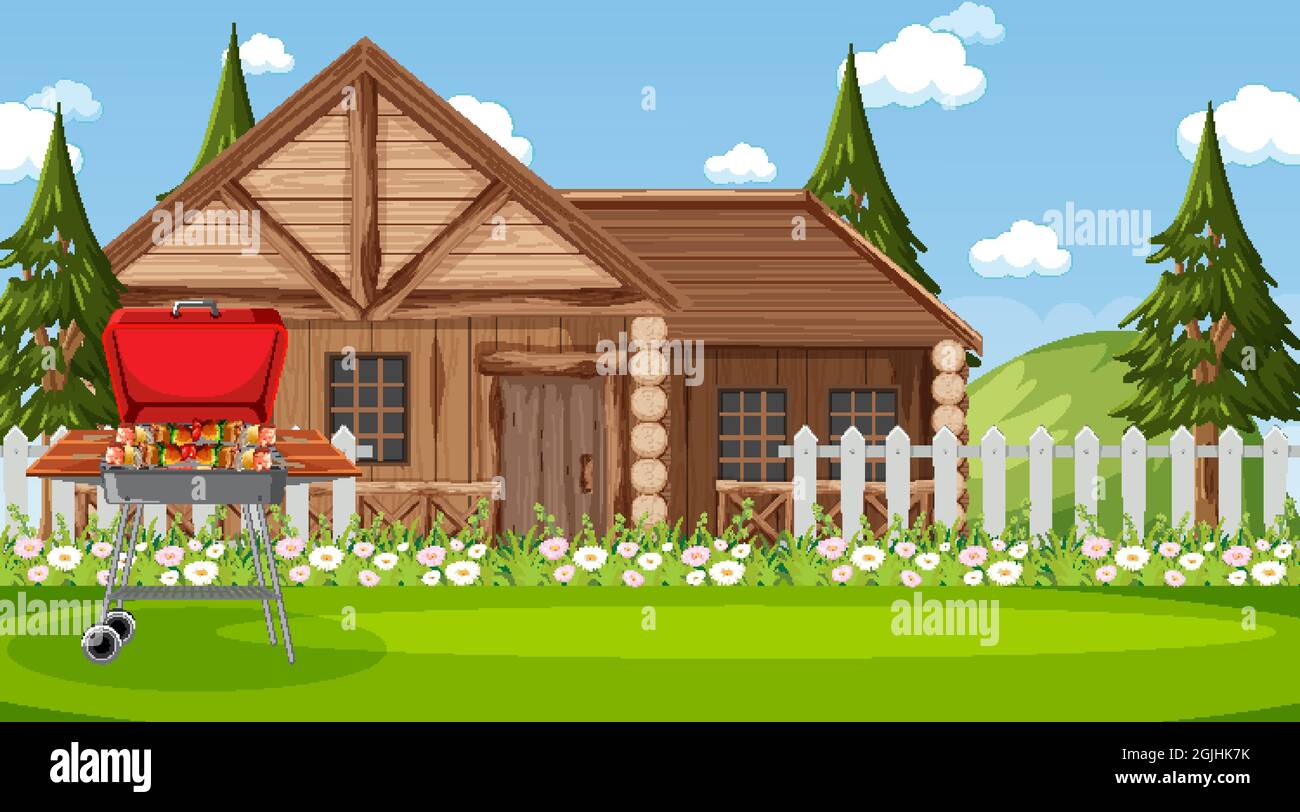 Wooden house in nature scene with barbecue grill stove illustration ...