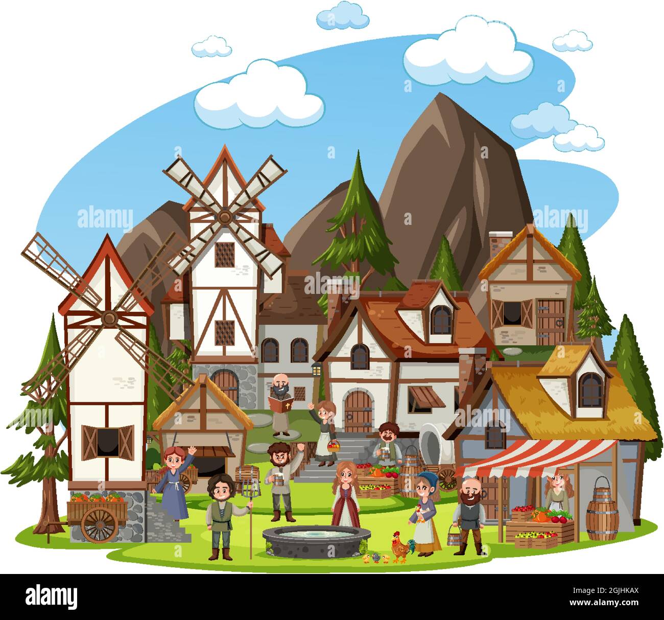 Medieval village with villagers on white background illustration Stock ...