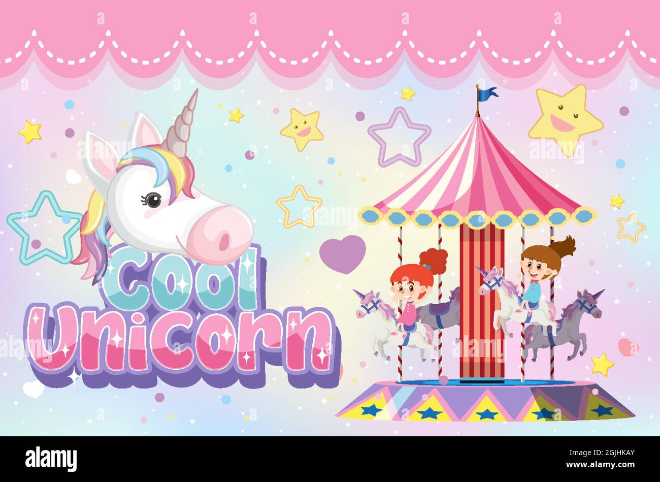 Cool unicorn font with kids playing carousel illustration Stock Vector ...