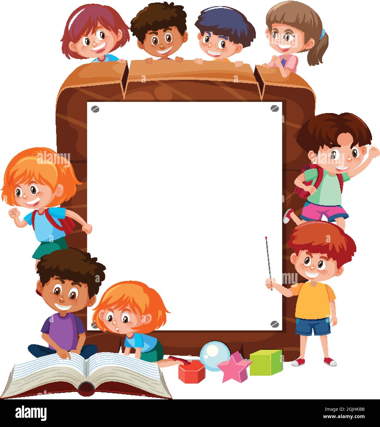 Empty wooden frame with many children cartoon character illustration ...