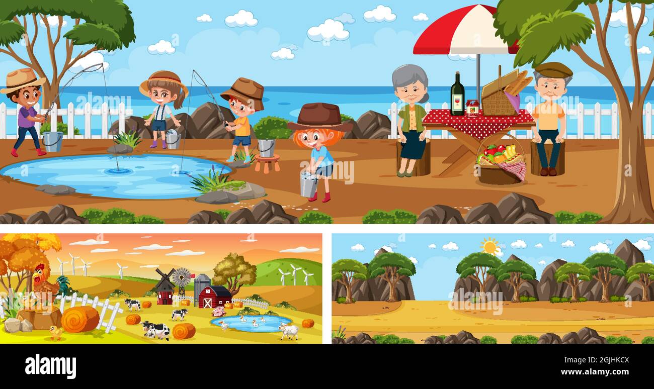 Set of different outdoor landscape scenes with cartoon character ...