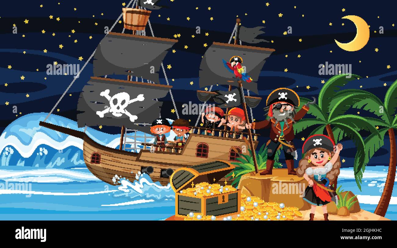 Treasure Island scene at night with Pirate kids on the ship ...