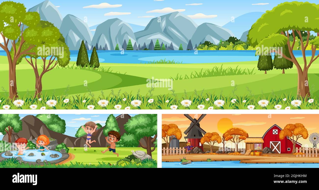 Set of different outdoor landscape scenes with cartoon character ...