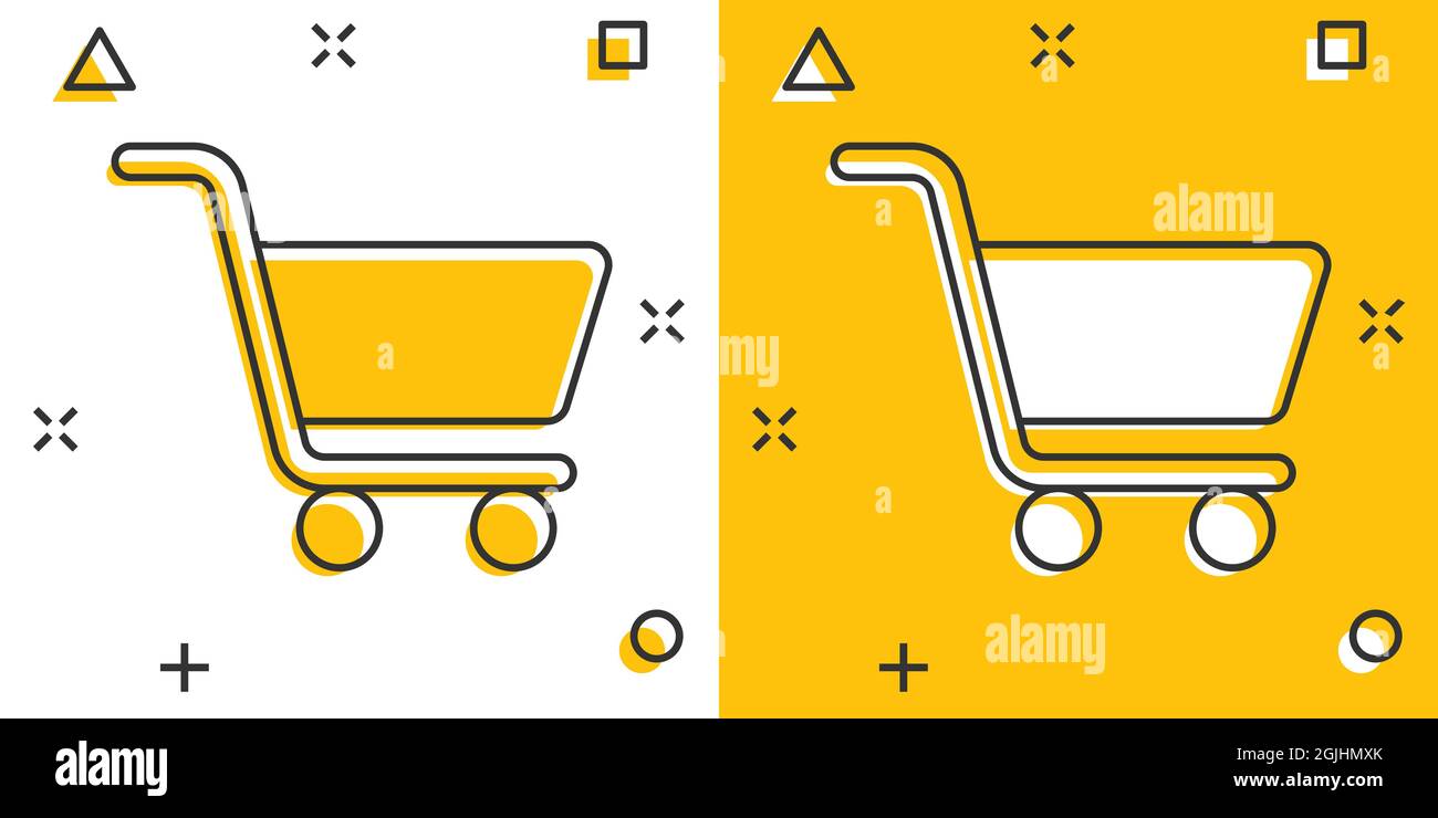Shopping cart icon in comic style. Trolley cartoon vector illustration ...