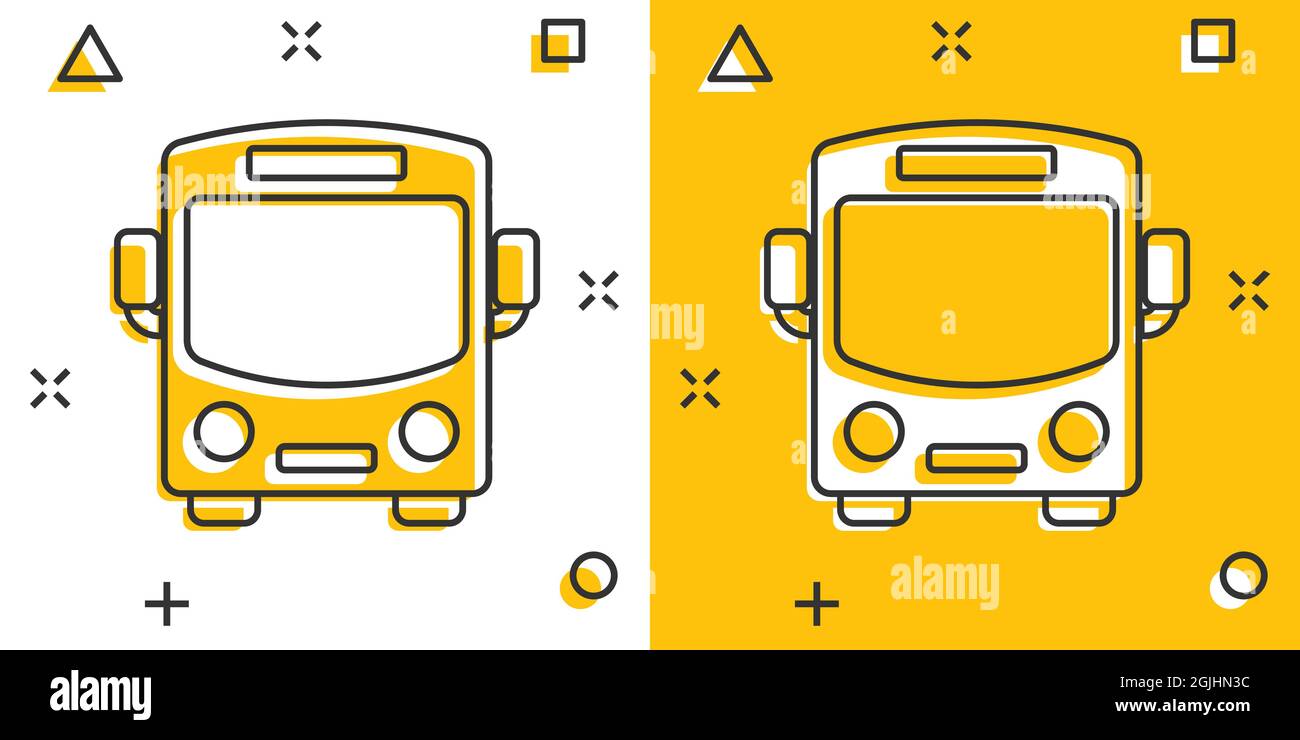 Bus icon in comic style. Coach car cartoon vector illustration on white ...