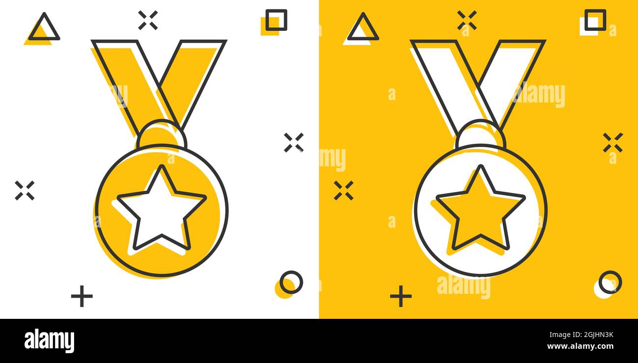 Medal icon in comic style. Prize cartoon sign vector illustration on ...