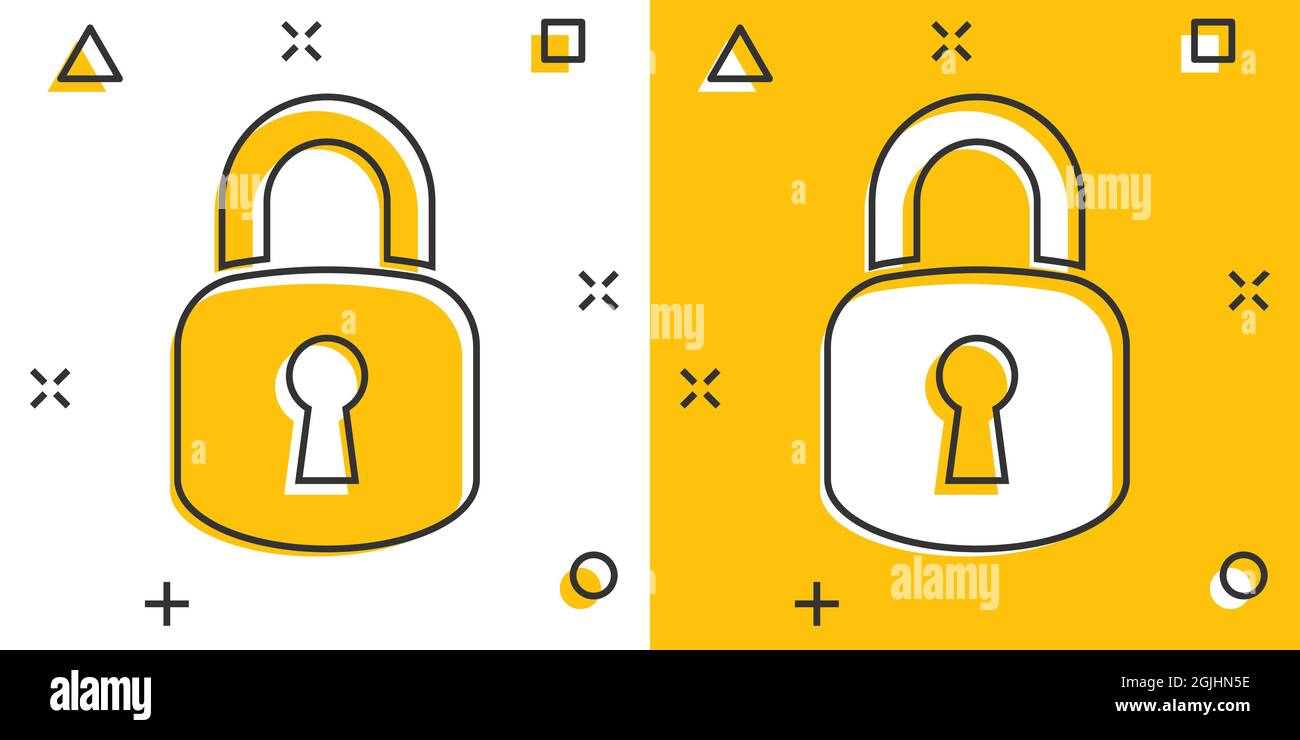 Padlock icon in comic style. Lock cartoon vector illustration on white ...