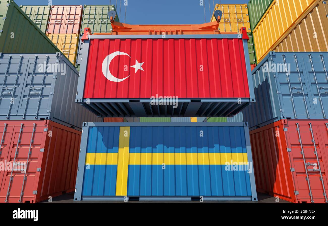 Freight containers with Sweden and Turkey national flags. 3D Rendering ...