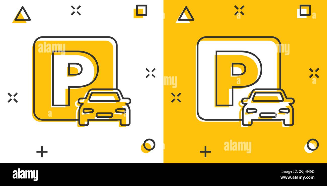 Car parking icon in comic style. Auto stand cartoon vector illustration ...