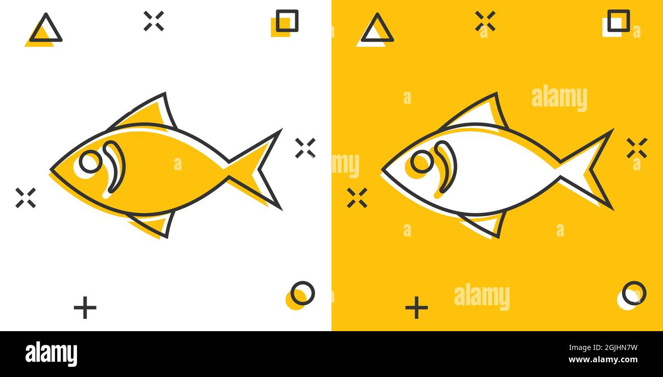 Fish icon in comic style. Seafood cartoon vector illustration on white ...