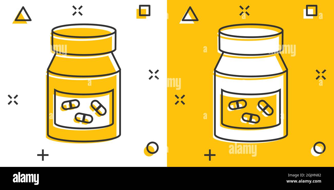 Pill bottle icon in comic style. Drugs cartoon vector illustration on ...