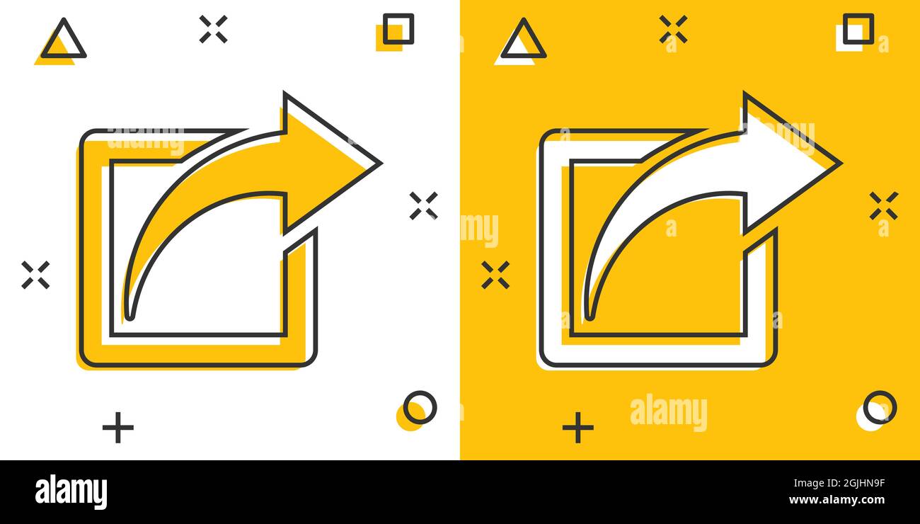Share button icon in comic style. Arrow cartoon sign vector illustration on white isolated ...