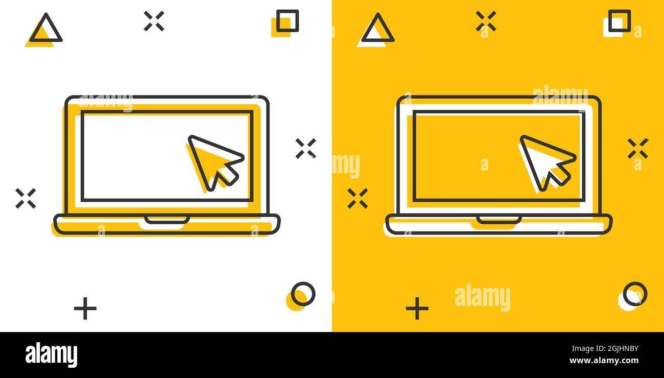 Laptop computer icon in comic style. Cursor on notebook cartoon vector ...