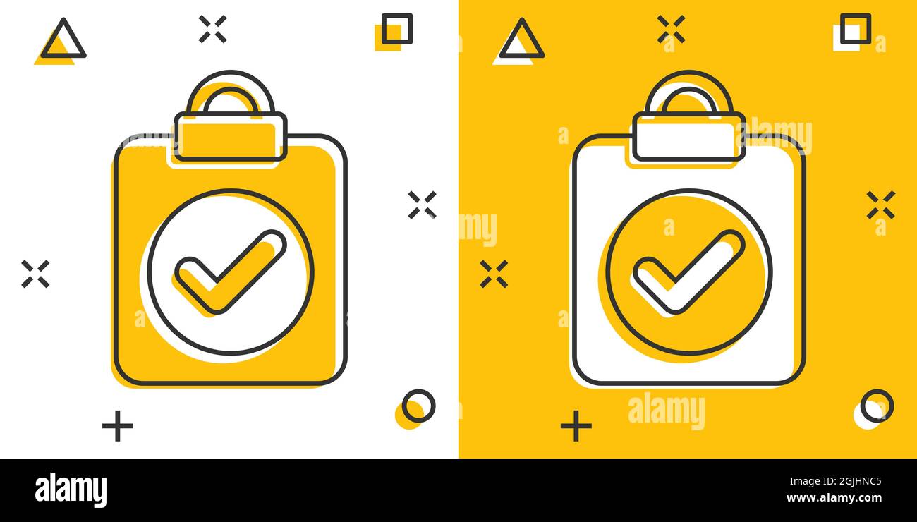 Document checkbox icon in comic style. Test cartoon vector illustration ...