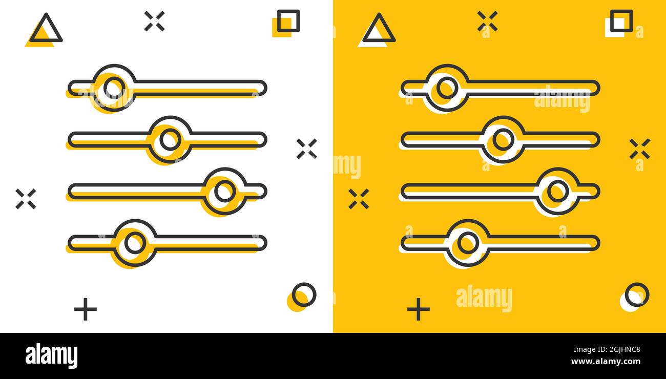 Control volume icon in comic style. Audio adjusting cartoon sign vector ...