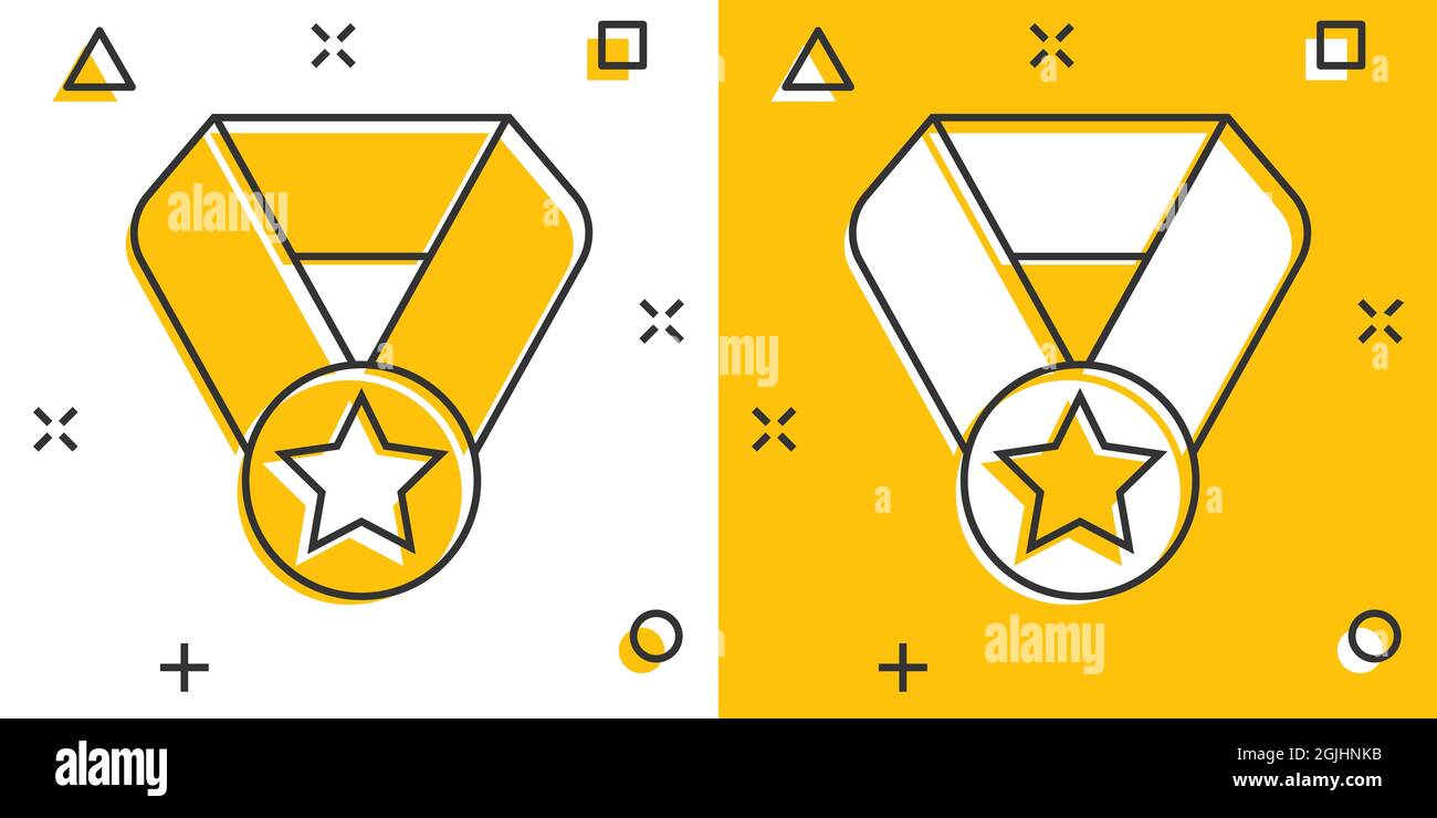 Medal icon in comic style. Prize cartoon sign vector illustration on ...