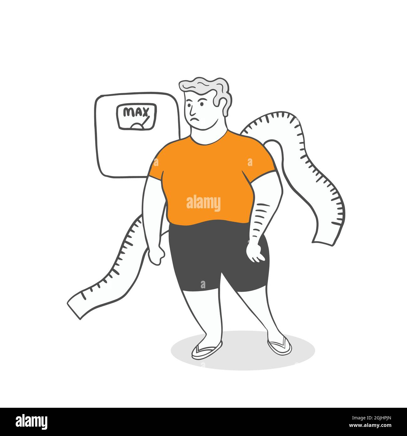 fat man with scale and measurement line illustration with hand drawn ...