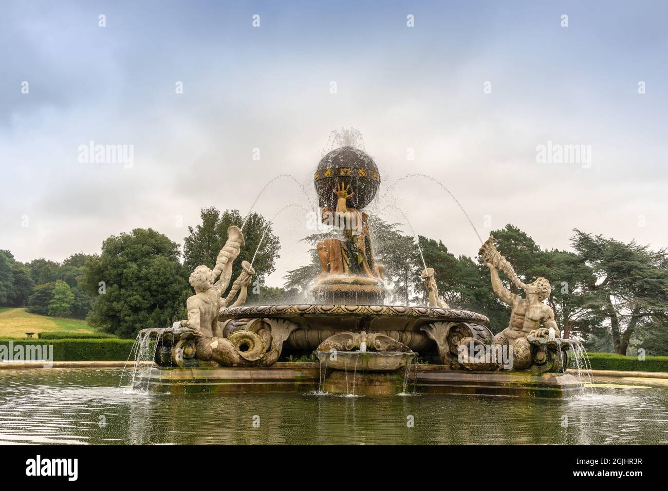 The Atlas Fountain and pond in the grounds of Castle Howard, England ...