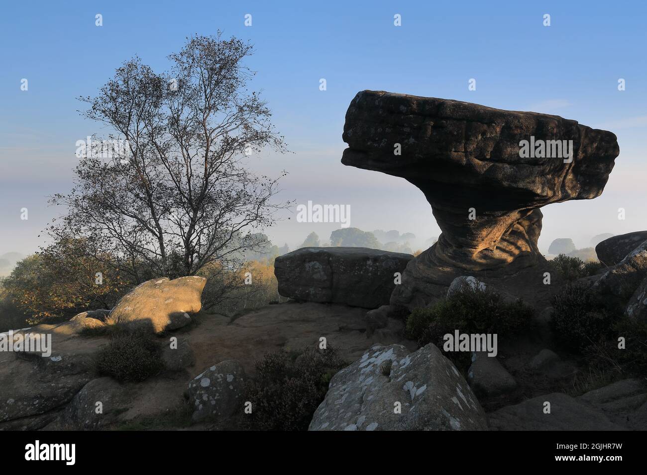 Rock formation known as the Druid's Writing Desk, at Brimham Rocks in ...