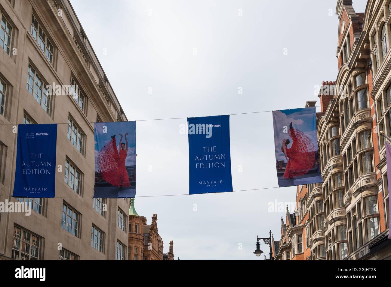 British Fashion Council banners spanning across Mount Street, Mayfair ...