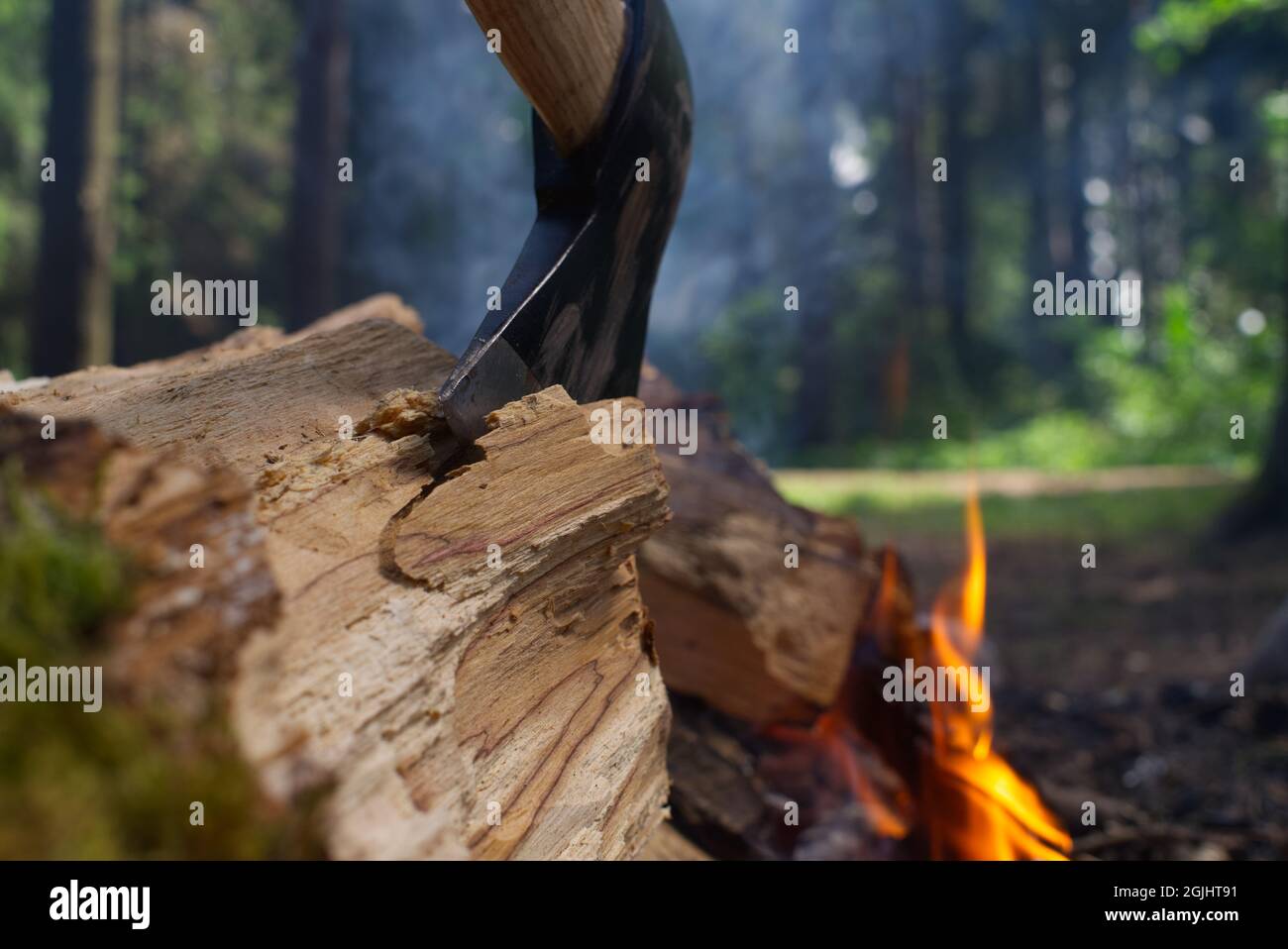 Camp fire in a forest with chopper lodged in a log of wood in the ...