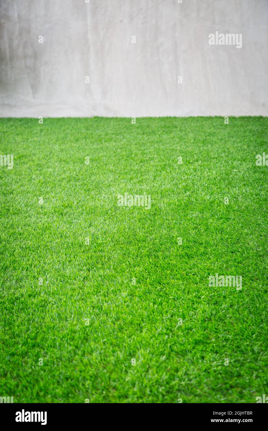 Green grass artificial turf pattern with gray cement wall background ...