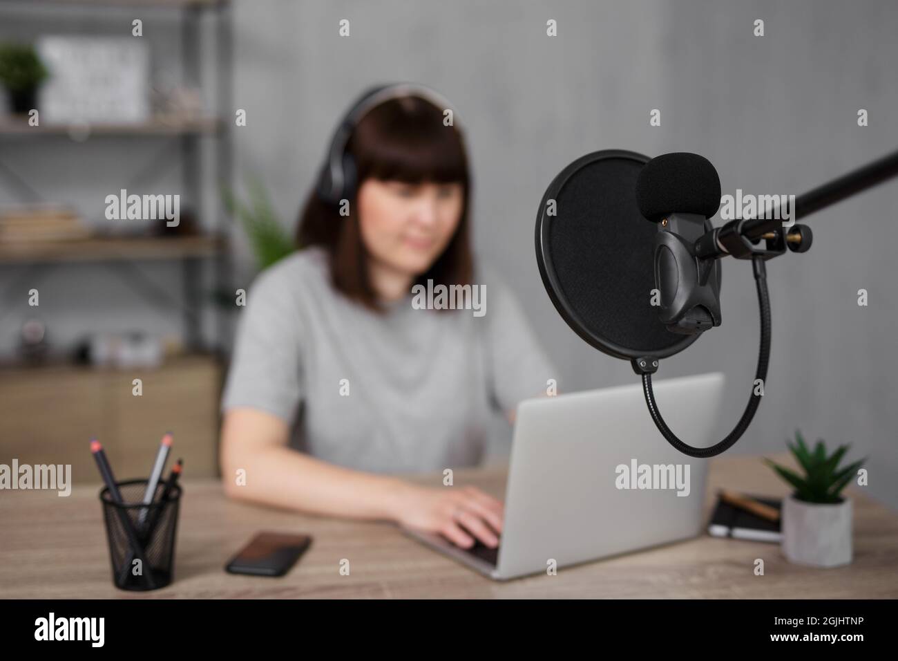Internet, creativity and social media concept - female blogger making ...