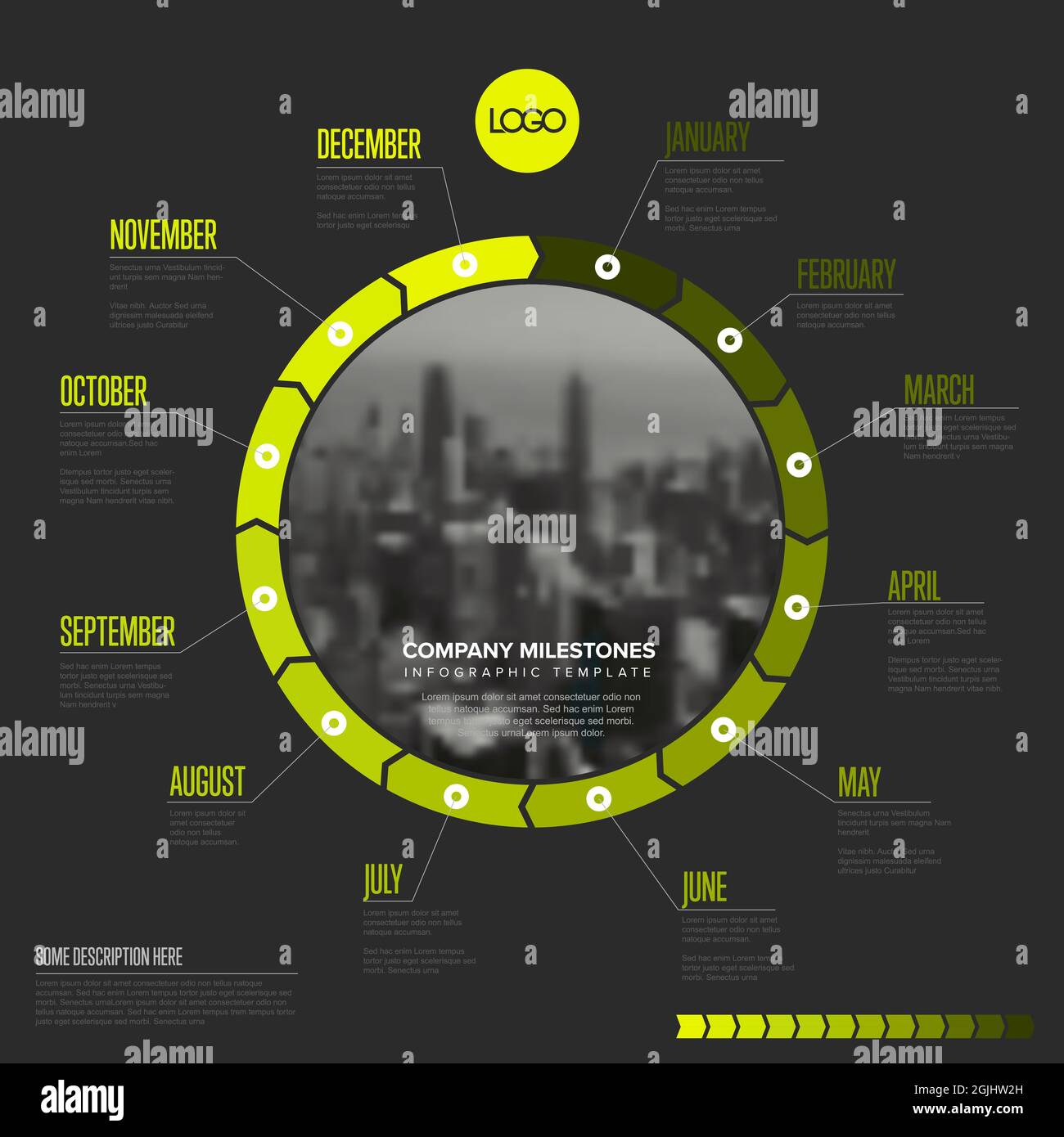 Dark Full year timeline template with all months on circle blue blocks ...