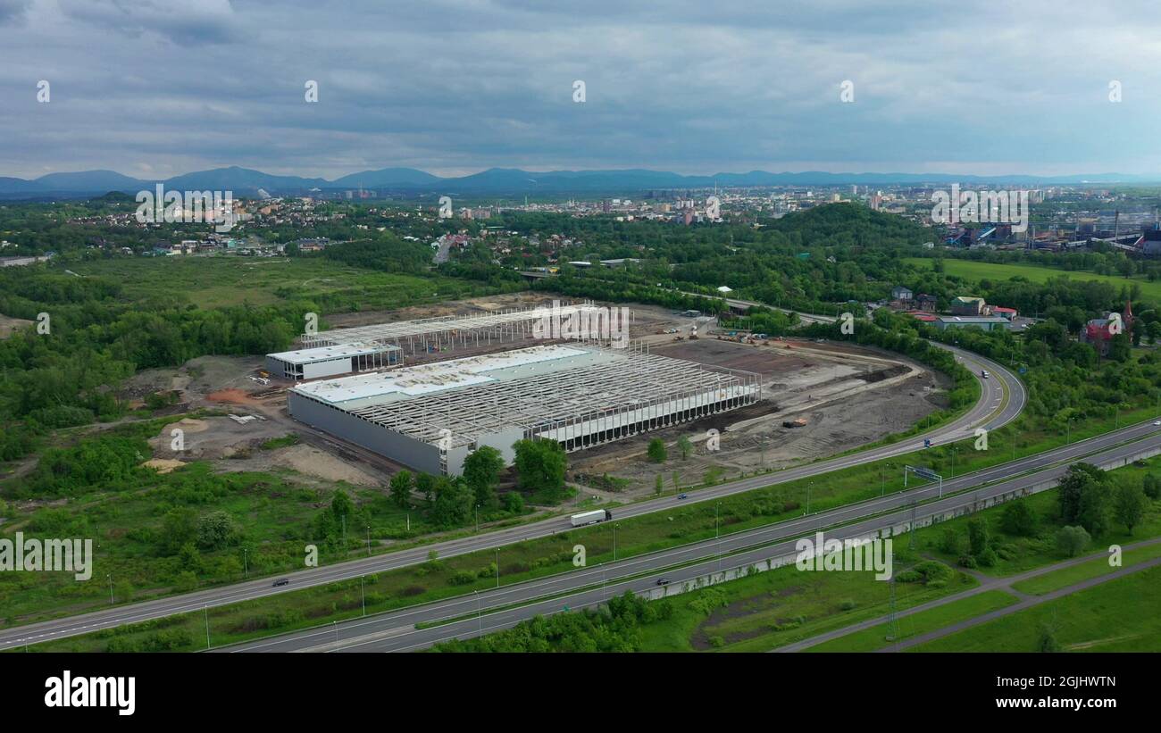 Construction of halls and hall industrial factory drone aerial video ...