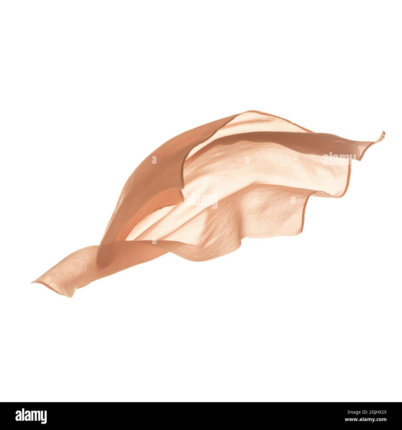 Smooth beige transparent flying piece of fabric isolated over white ...