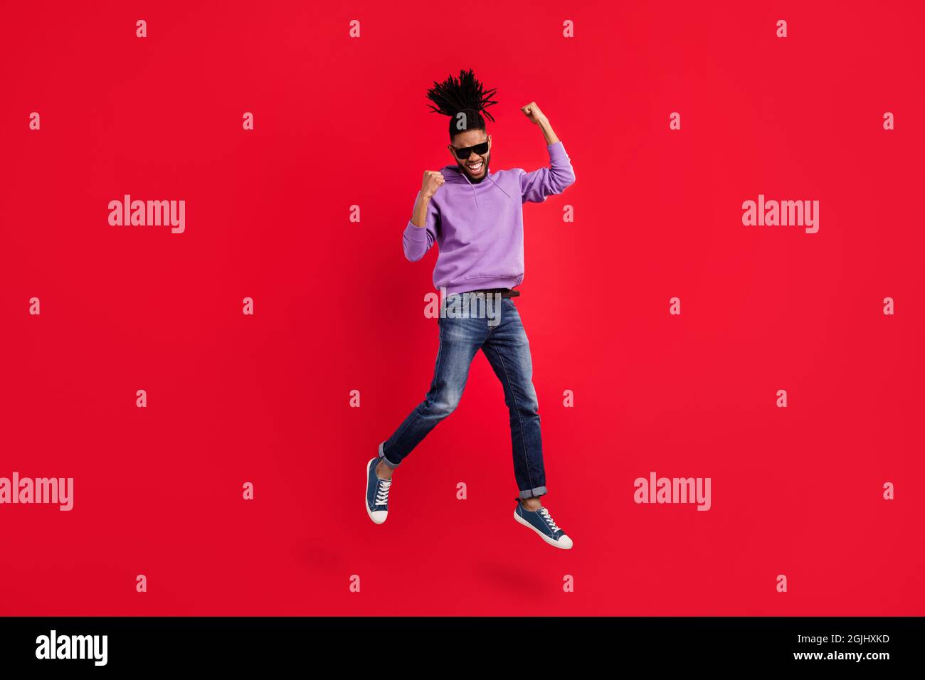 Full length body size photo man with dreadlocks gesuring like winner ...