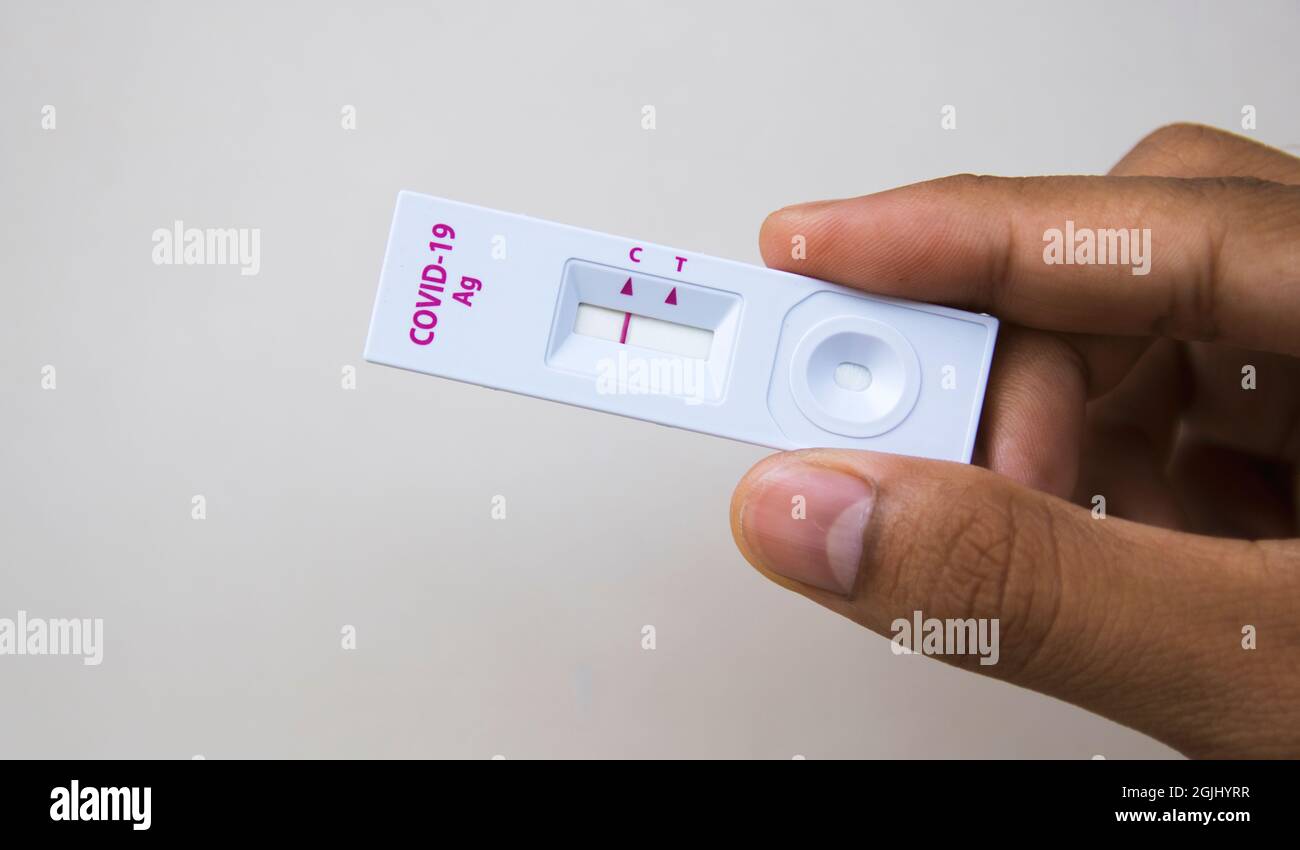 COVID-19 Testing (Rapid Antigen Test), A hand holding a COVID test kit ...