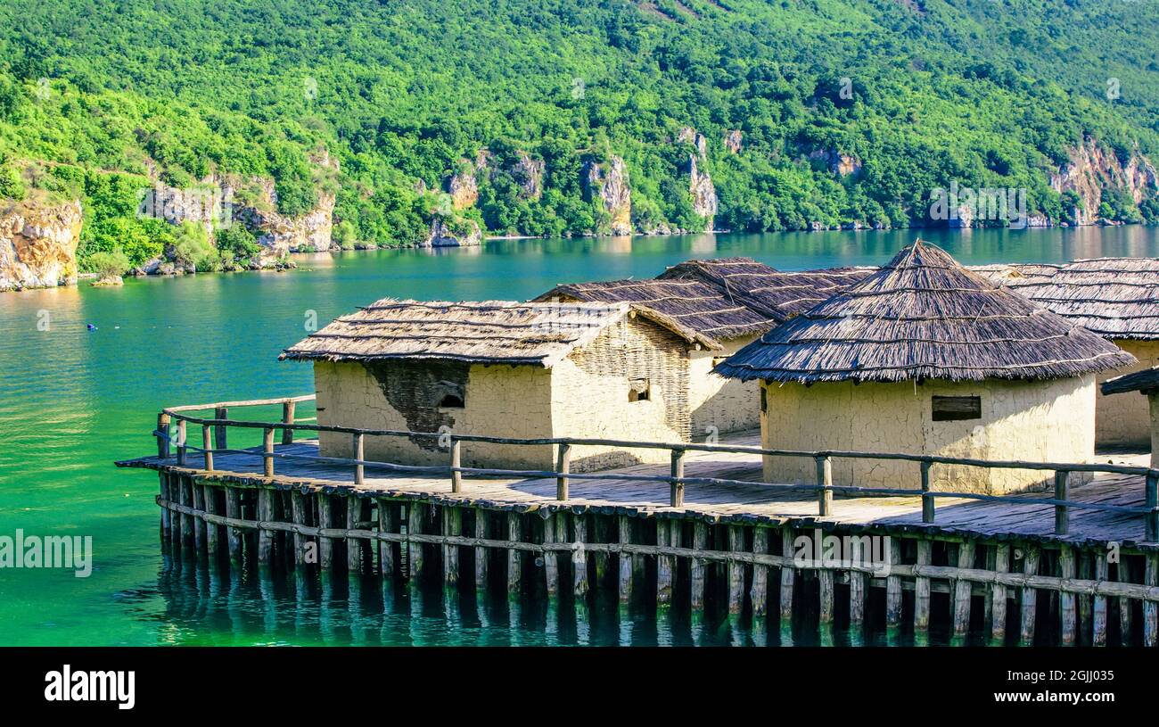 Old Ancient Village Reconstruction on Lake Ohrid in Macedonia Stock ...