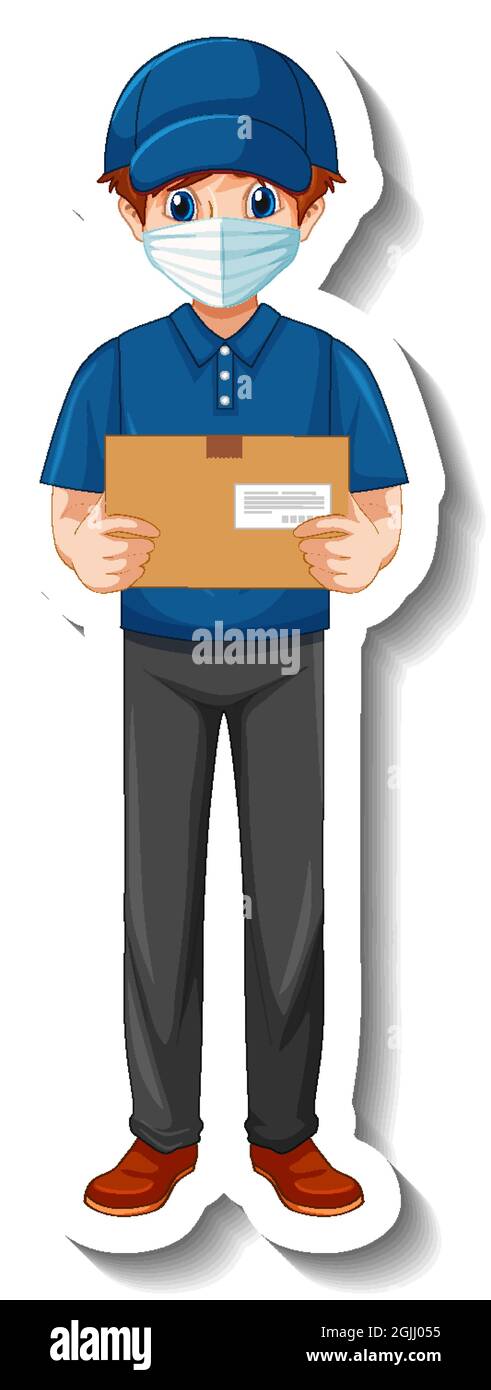A sticker template with delivery man in uniform holding boxes ...