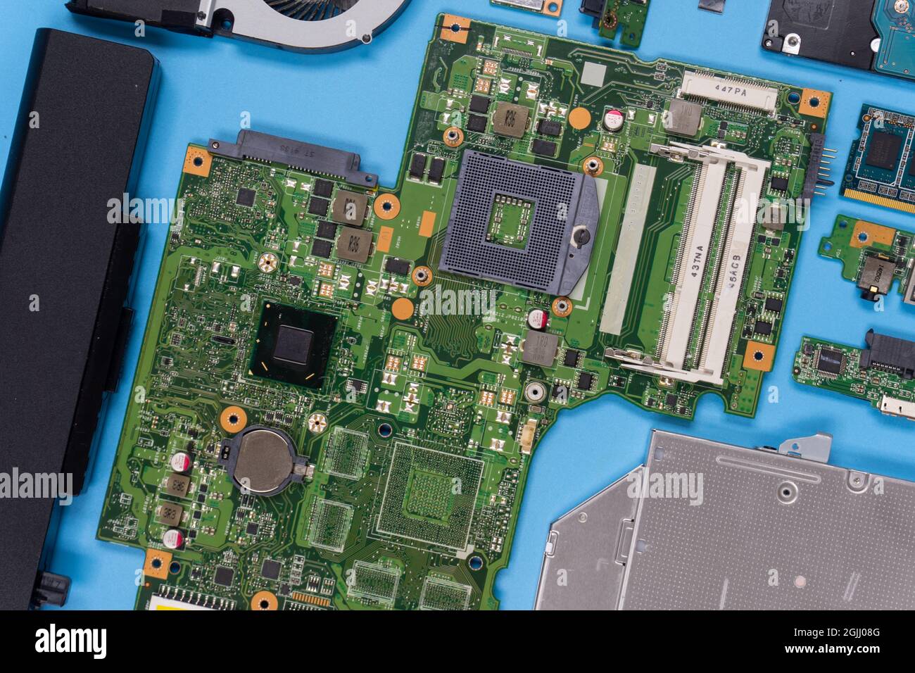 Parts of a modern computer. The insides of a laptop on a blue ...