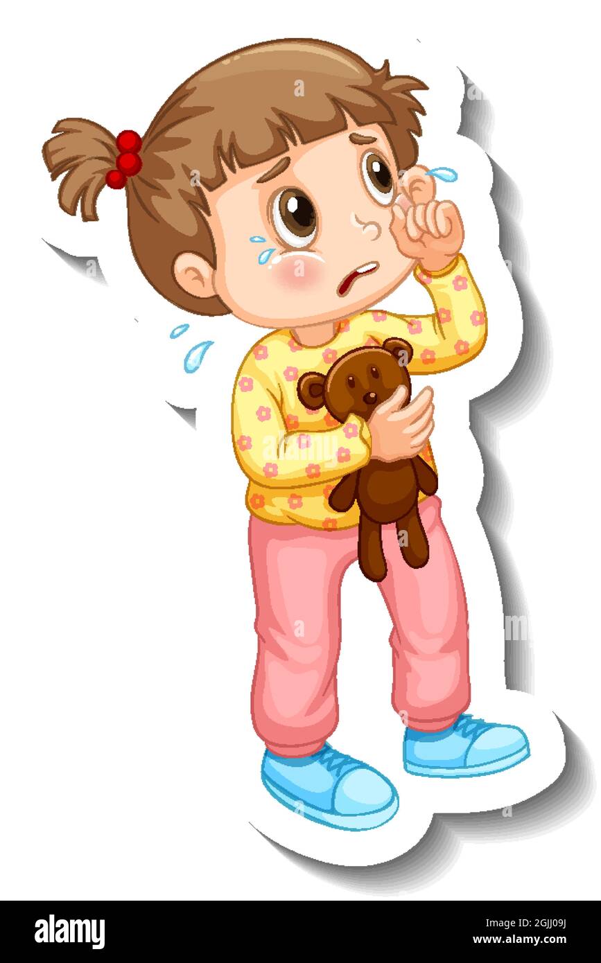 Sticker template with a little girl crying cartoon character isolated ...